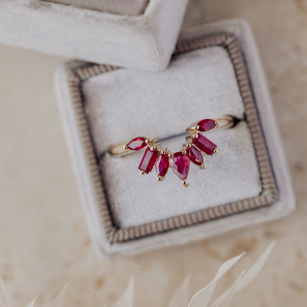 Flora Ruby Tracer Band, 14K Solid Gold Ruby Wedding Band, Nature ...
