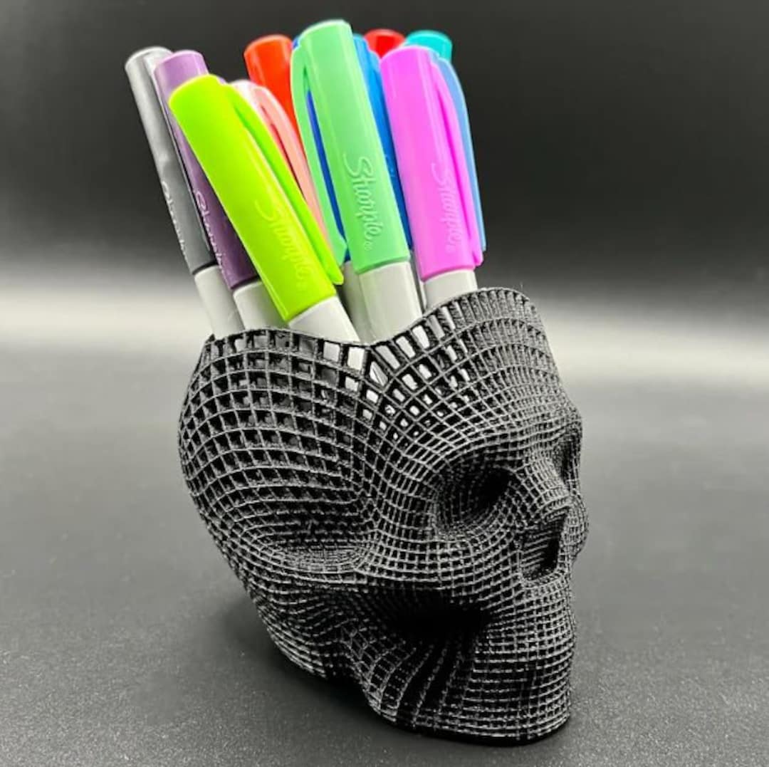 3d Printed Modern Pencil Holder, Wireframe Skull Functional Pen Cup, Unique Eye Catching Bold ...