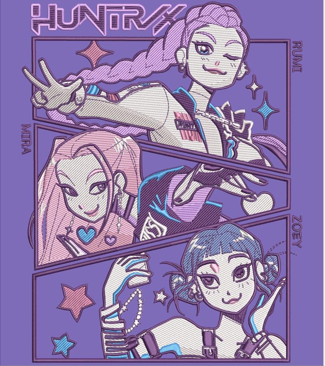 Huntrix Girls Zoey Rumi Mira Embroidery Design, Kpop Demon Hunters ...