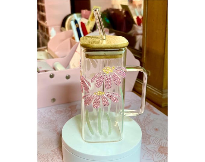 Daisy Cup, Daisy Iced Coffee Glass Cup, 13oz Square Glass Cup, Retro ...