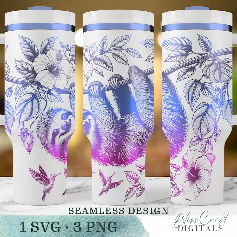 Laser Engraved Sloth, Hummingbirds & Hibiscus SVG, Animal Lover 40oz ...