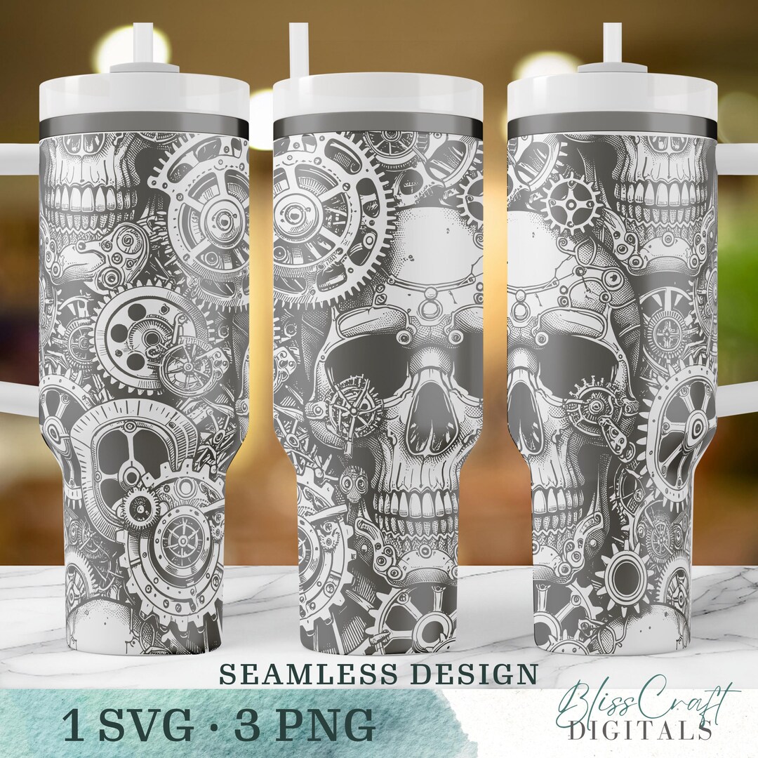 Seamless Skull Gear SVG, Steampunk Gear Head 40oz SVG Wrap Design, Laser Engraved Skull Cup ...
