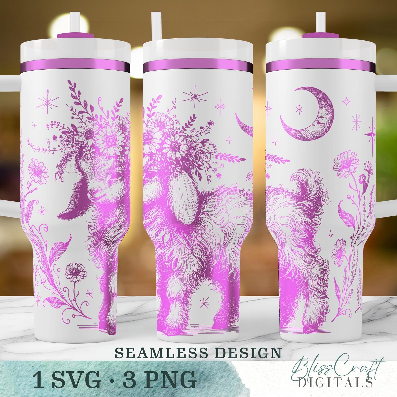Cute Floral Goat Tumbler Wrap SVG, Seamless 40oz Laser Engraved Design ...