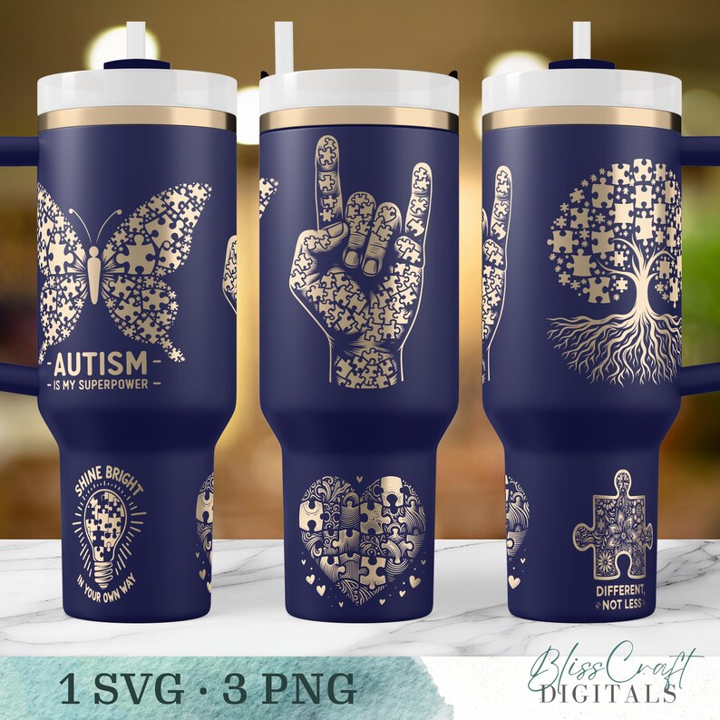 Autism Awareness Puzzle Pieces Seamless Designs, Laser Engraved Cup ...