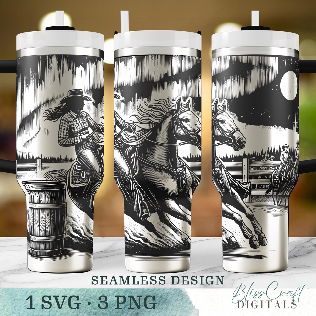 Seamless Northern Lights Horse Riding Scene, Barrel Racing SVG, Cowgirl ...