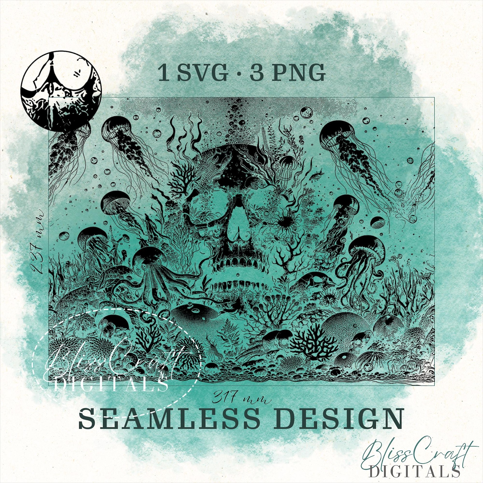Dark Ocean Skull & Jellyfish Seamless SVG, Haunted Undersea Horror ...