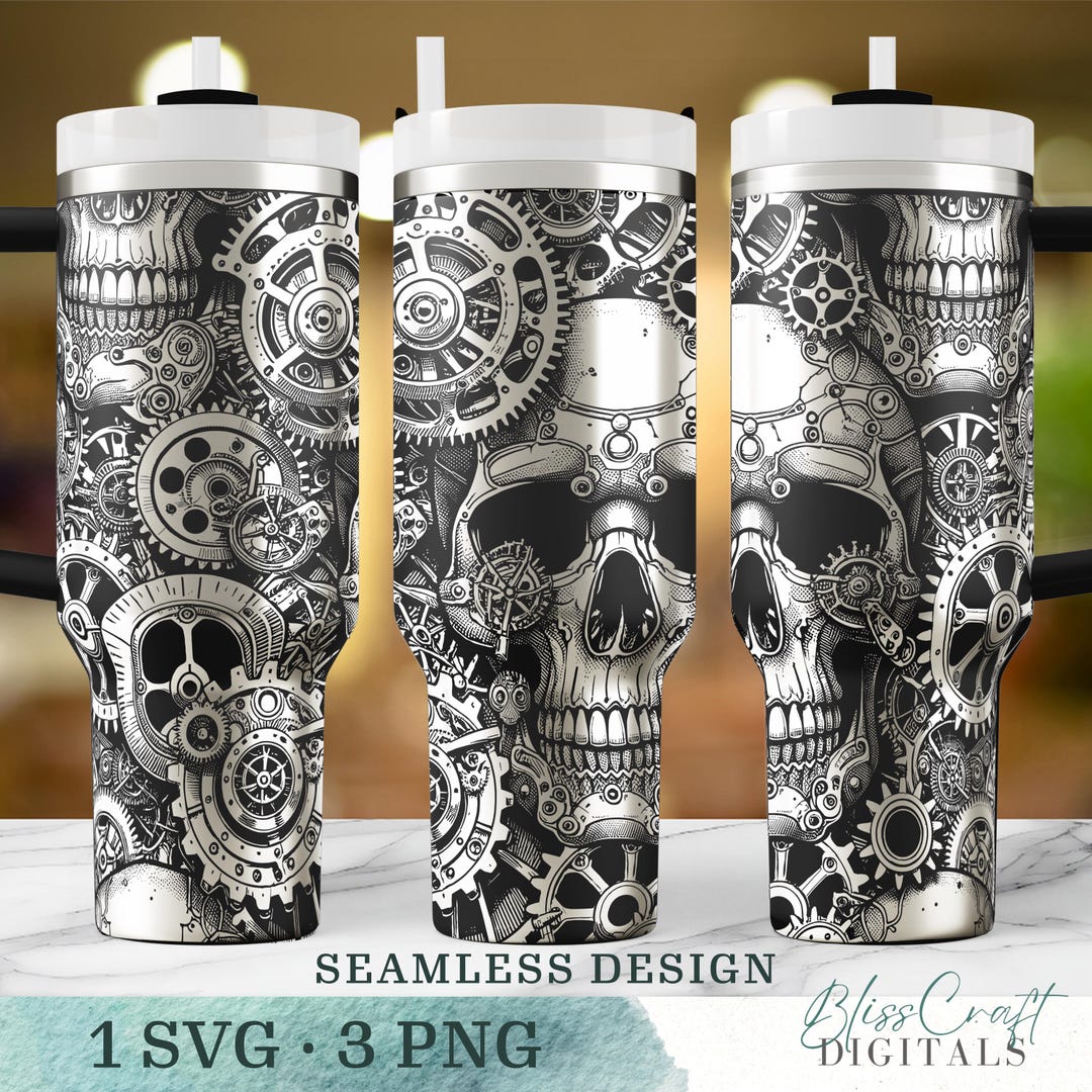 Laser Engraved Skull and Gears SVG, 40oz Tumbler Full Wrap Design ...
