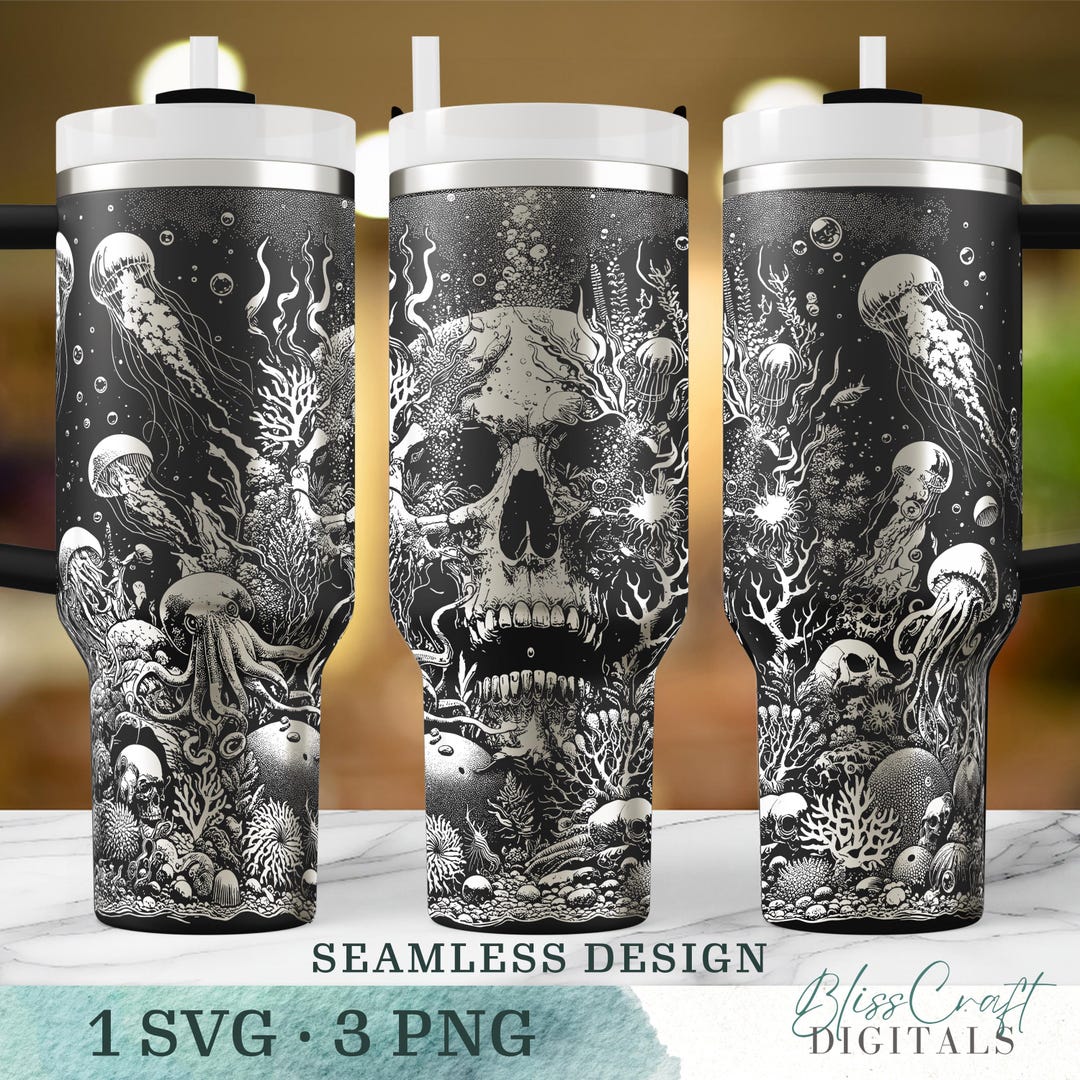 Dark Ocean Skull & Jellyfish Seamless SVG, Haunted Undersea Horror ...