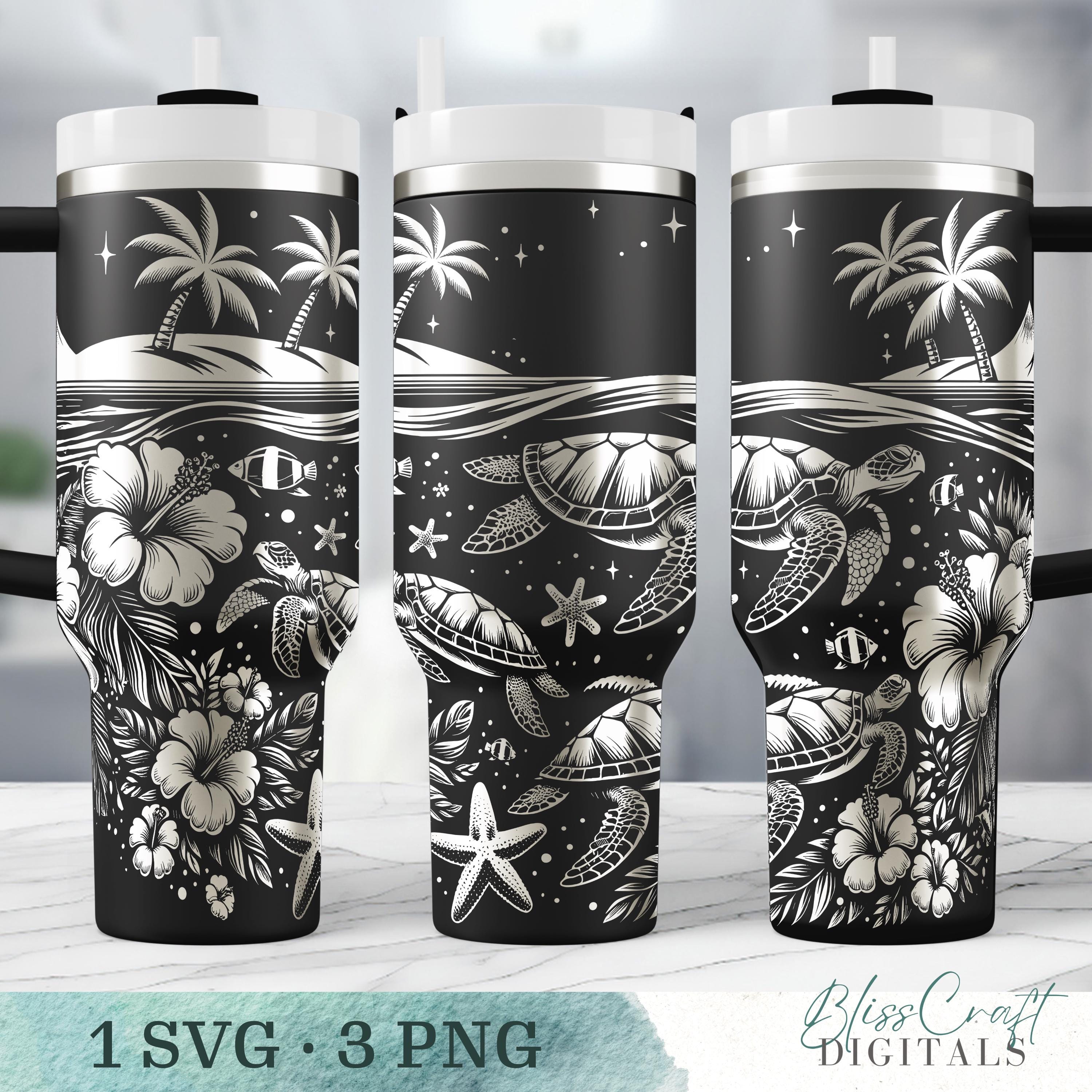 Sea Turtles Beach Scene 40oz Laser Engraved Design, Tropical Ocean Full ...