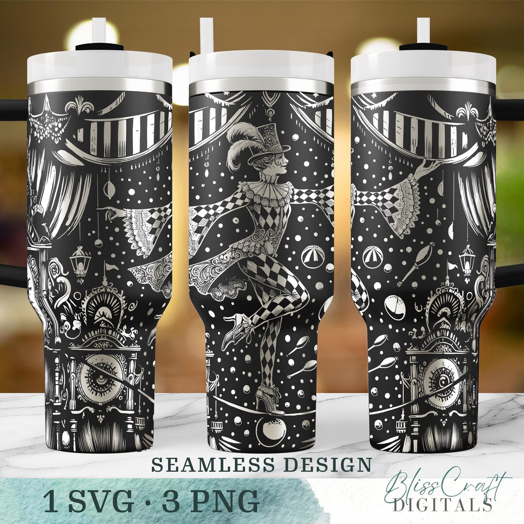 Intricate Steampunk Circus Clown SVG - Seamless 40oz Tumbler Wrap ...