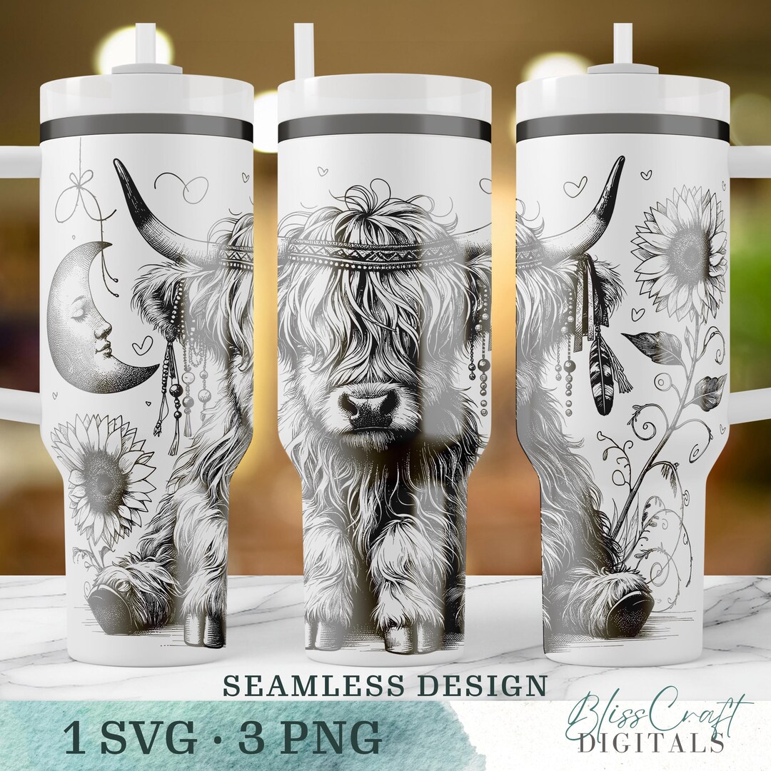 Cute Highland Cow Sunflower SVG, Seamless 40oz Tumbler Wrap With Moon ...