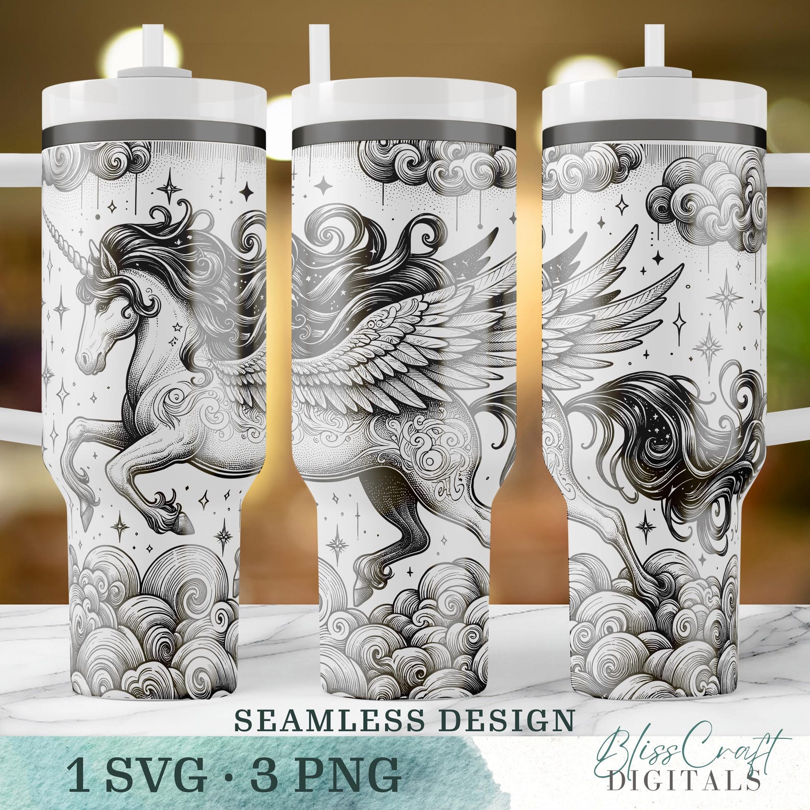 Pegasus Tumbler Wrap SVG, Seamless Sparkly Cloud Unicorn 40oz Tumbler ...