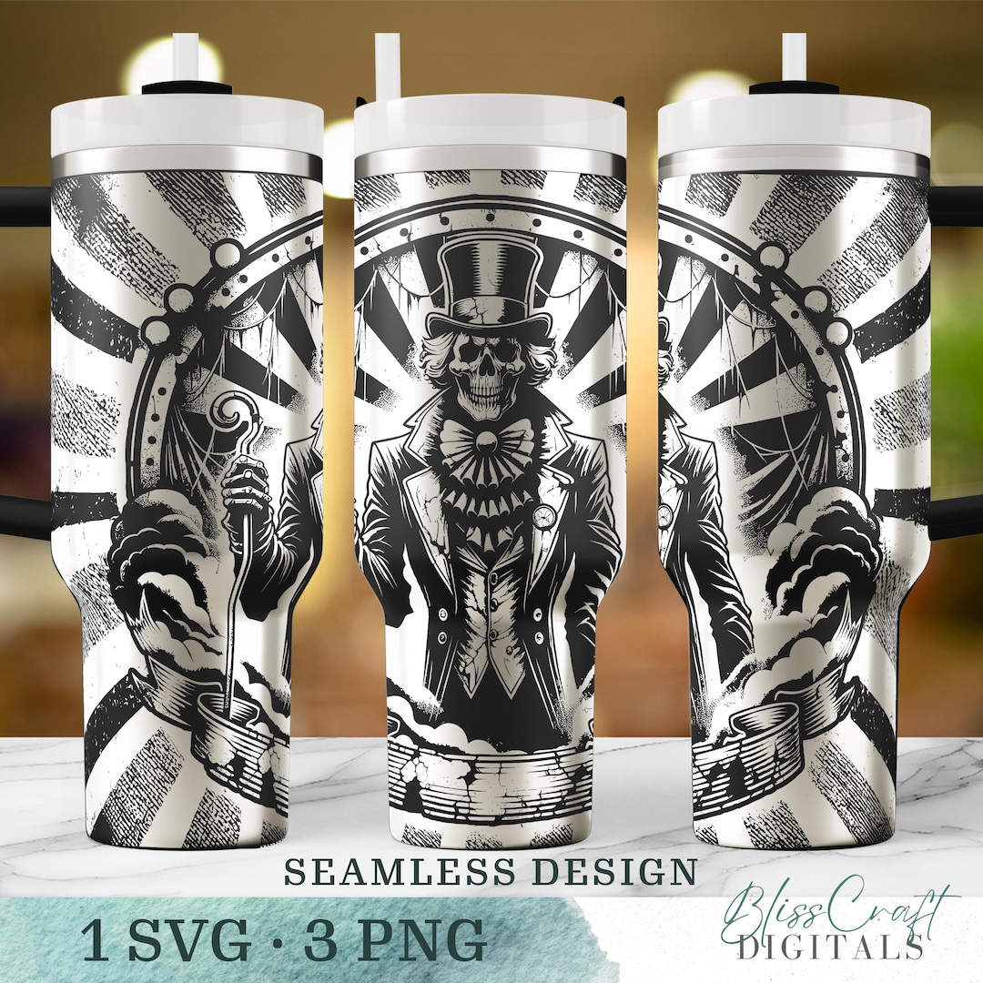 Skeleton Ringmaster Tumbler Wrap SVG, Seamless Custom Name Circus ...
