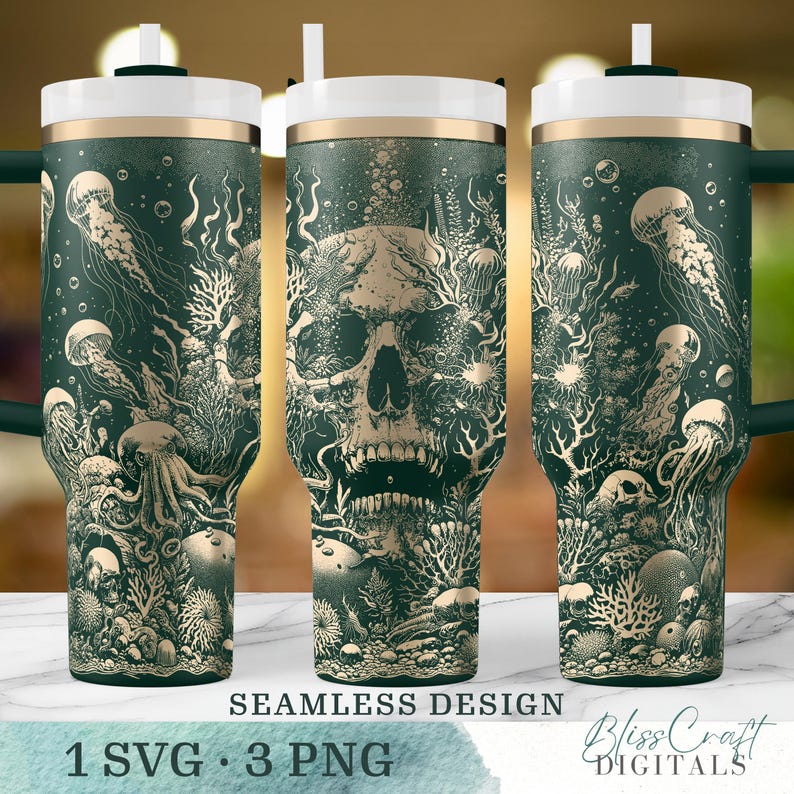 Dark Ocean Skull & Jellyfish Seamless SVG, Haunted Undersea Horror ...