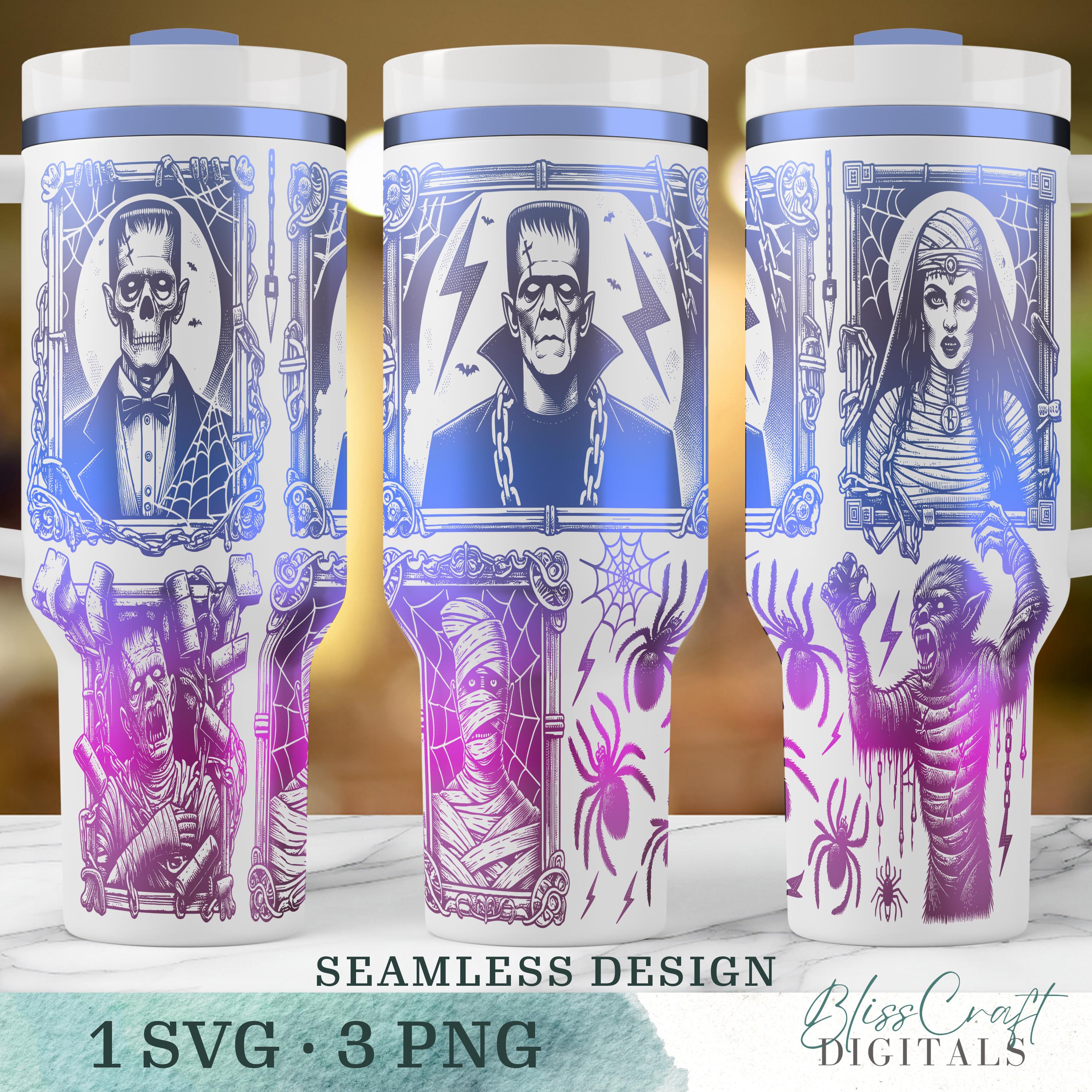 Classic Horror Movies Monsters SVG, Seamless Retro Halloween 40oz Laser ...