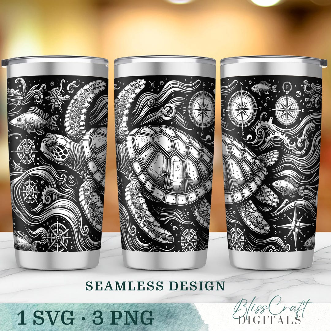 Laser Engraved Sea Turtle and Gears SVG, 20oz Tumbler Full Wrap Design ...