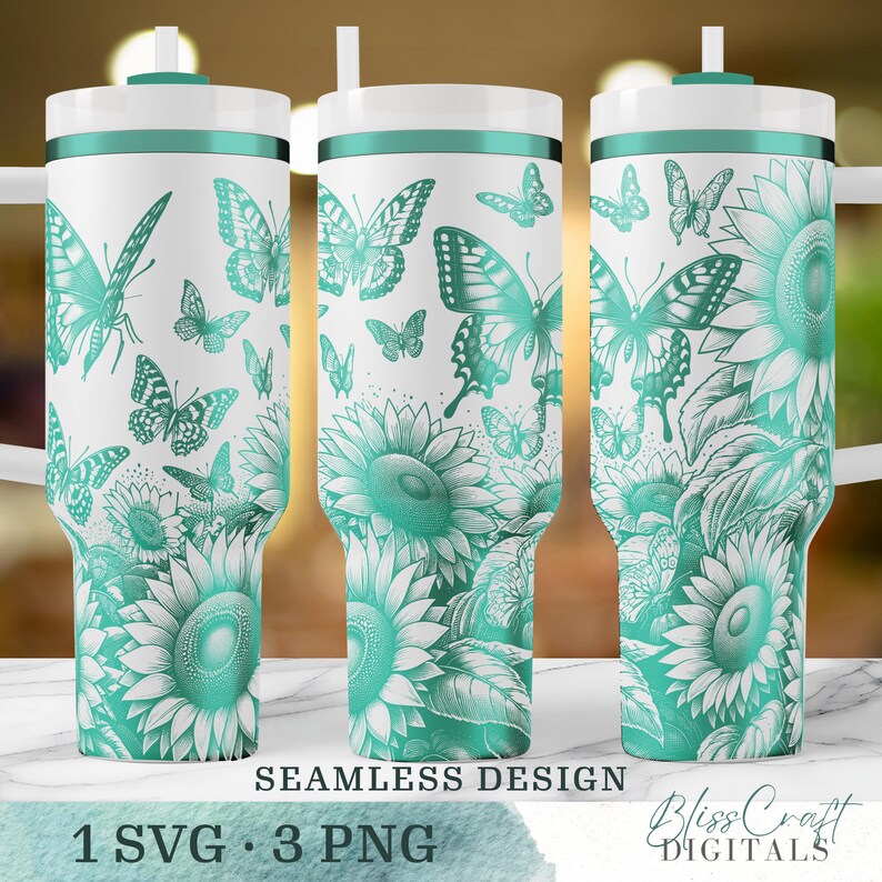 Butterfly & Sunflower SVG, Seamless 40oz Laser Engraved Tumbler Wrap ...