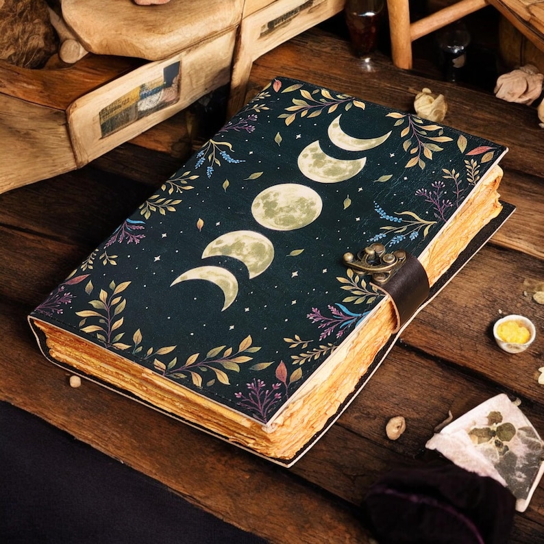 Moon Phase Leather Grimoire Journal: Deckle Edge Book of Shadows - Etsy