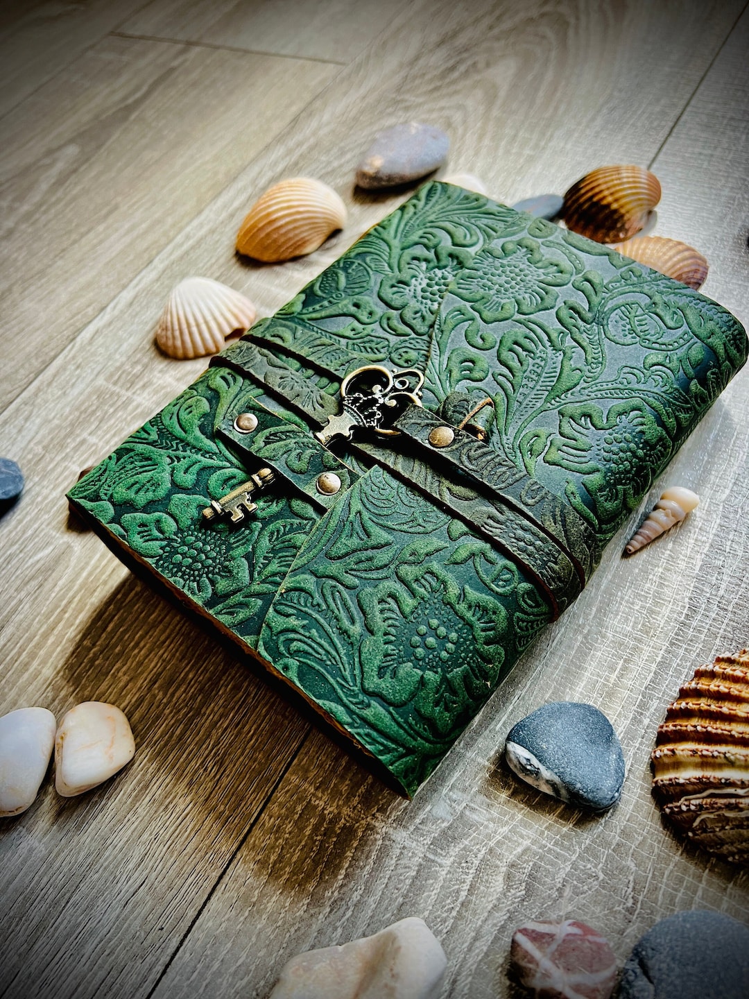 Green Floral Embossed Leather Journal | Wrap Around Design - Etsy UK