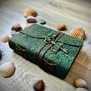 Green Floral Embossed Leather Journal | Wrap Around Design - Etsy