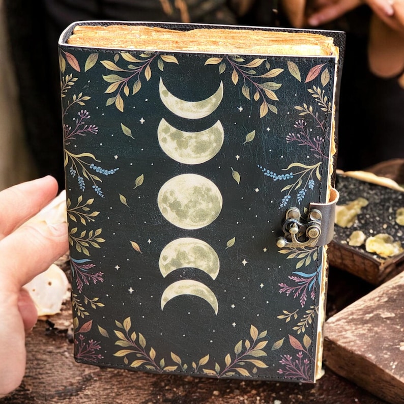 Moon Phase Leather Grimoire Journal: Deckle Edge Book of Shadows - Etsy