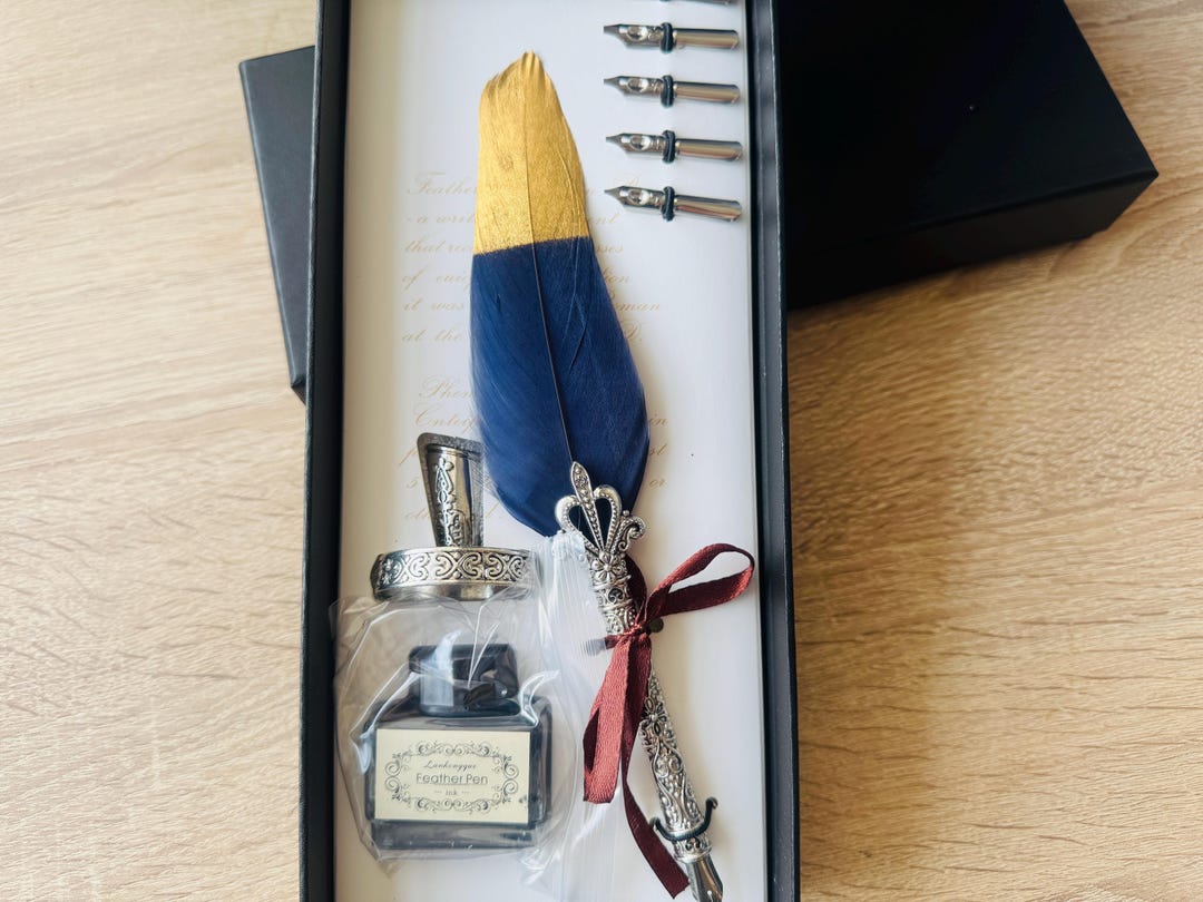 Feather Ink Pen, Black Japanese Ink With Metal Body Stand, 5 Nibs, Gift ...