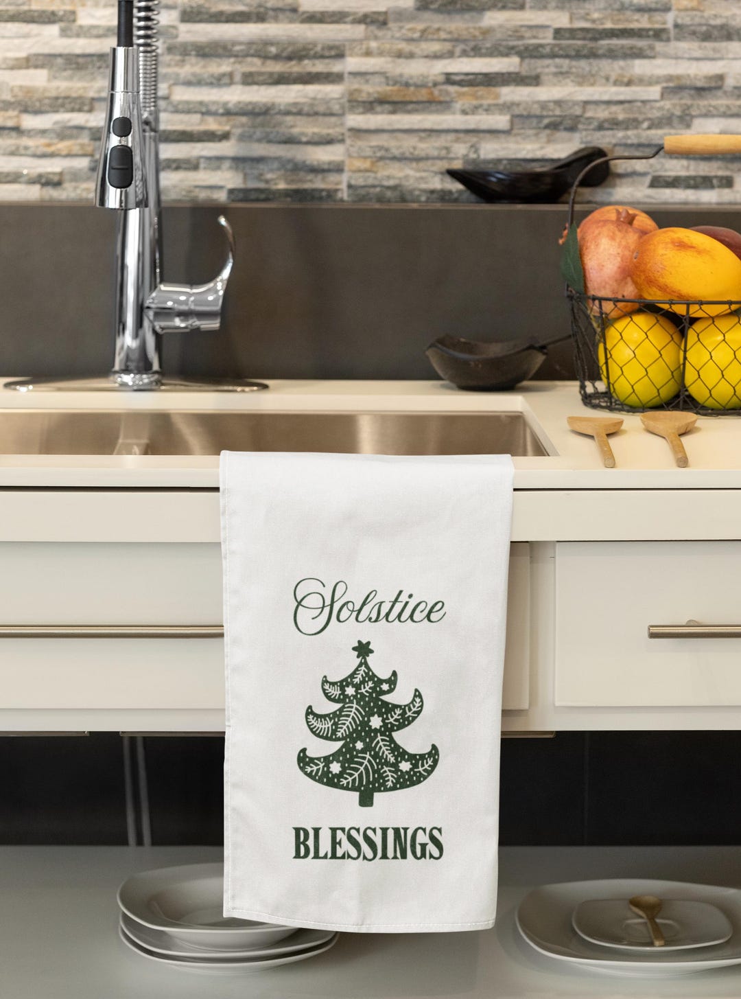 Green Solstice Blessing Tea Towel With Tree| Cotton-blend Kitchen Linen ...