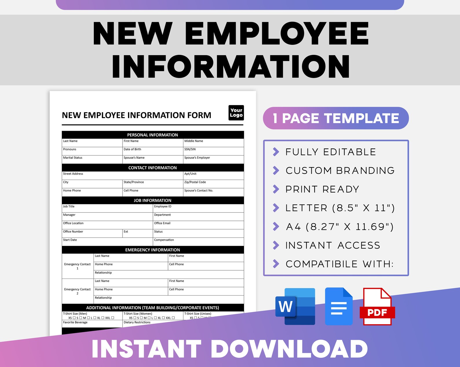 New Employee Information Form | New Hire Form Paperwork | HR Template ...