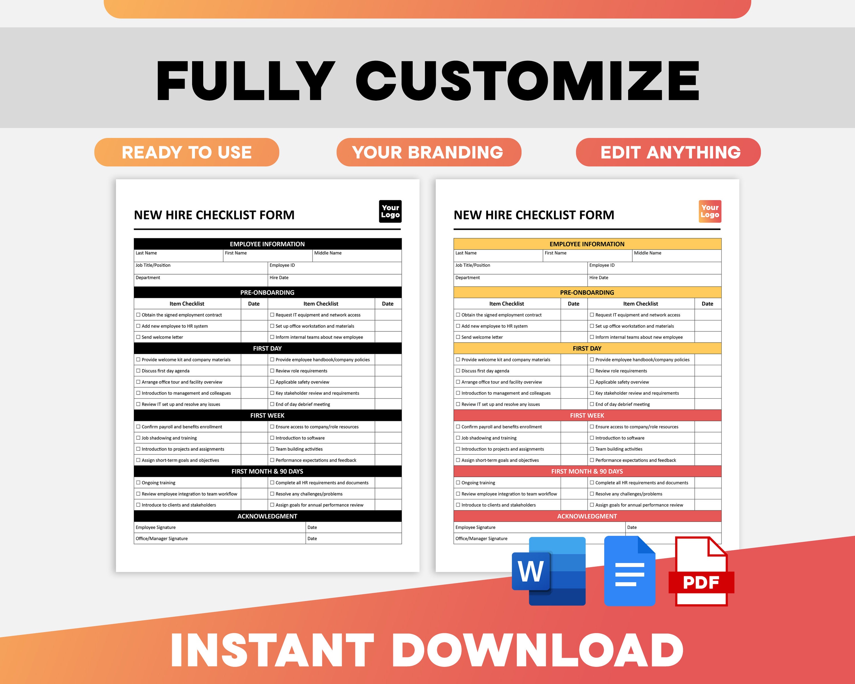 New Hire Checklist Template | HR New Employee Form | HR New Hire Form ...