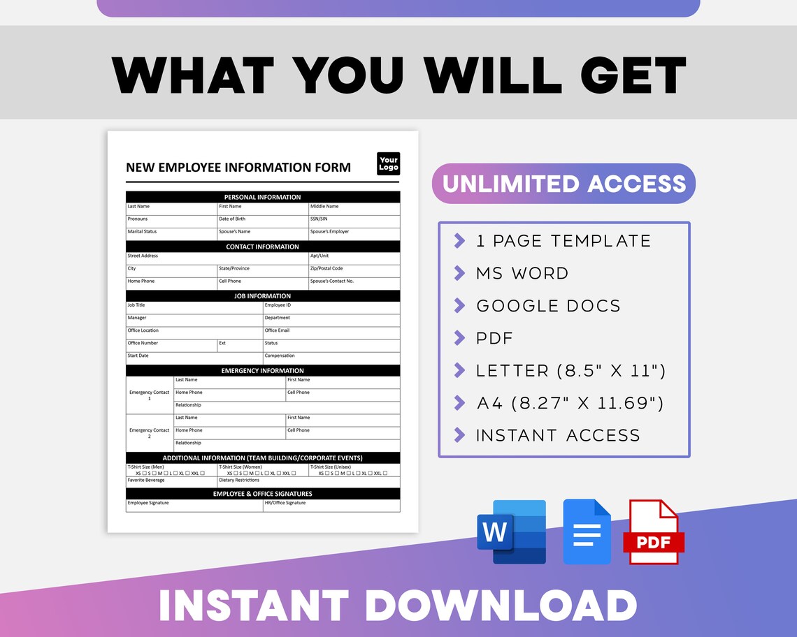 New Employee Information Form | New Hire Form Paperwork | HR Template ...