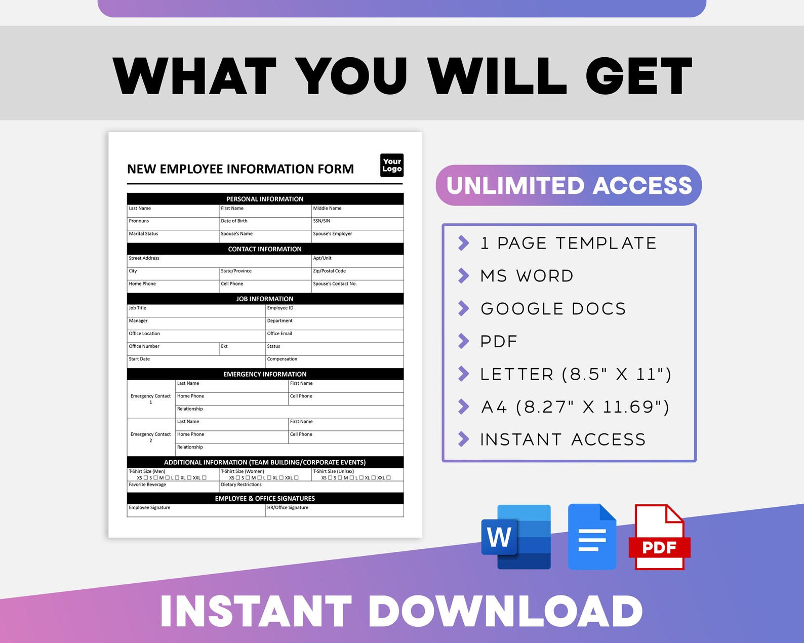 New Employee Information Form | New Hire Form Paperwork | HR Template ...