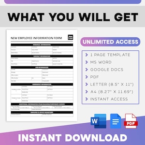 New Employee Information Form | New Hire Form Paperwork | HR Template ...