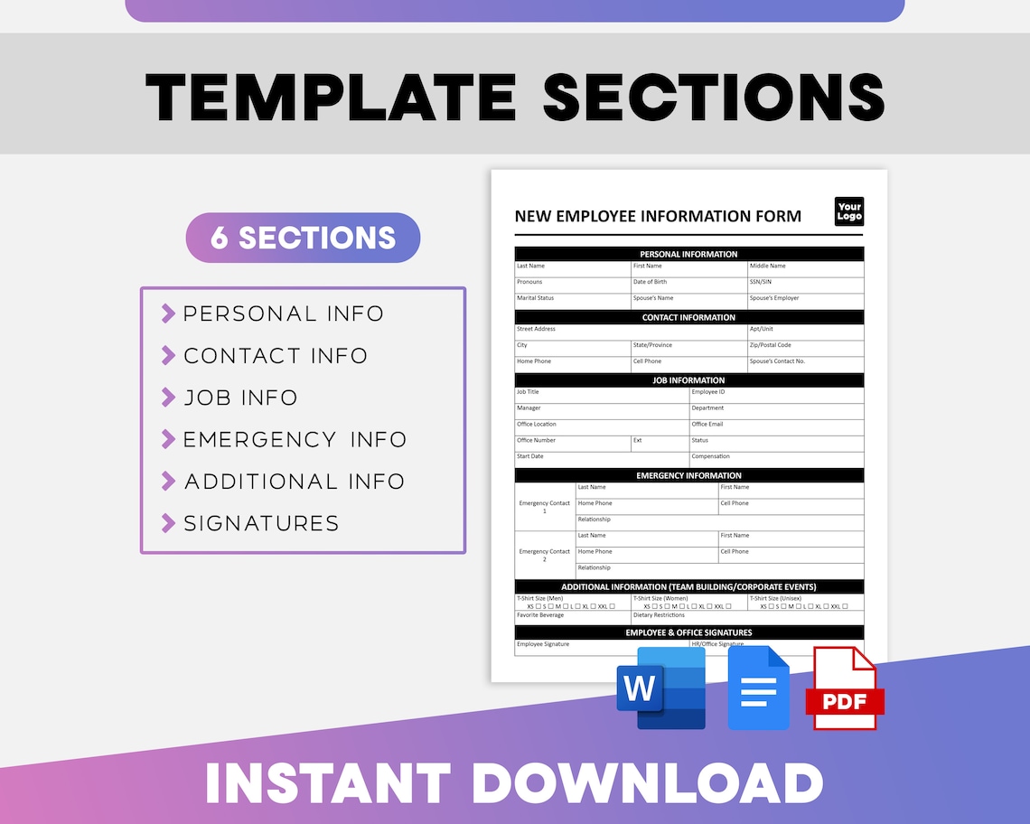 New Employee Information Form | New Hire Form Paperwork | HR Template ...