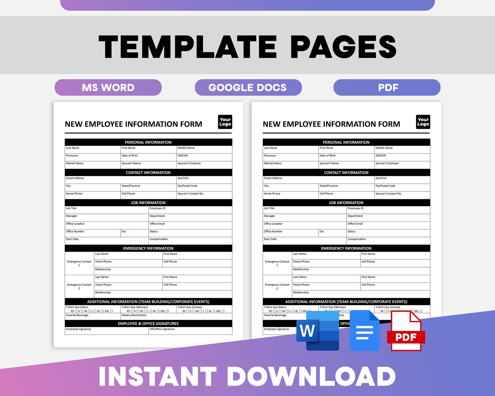 New Employee Information Form | New Hire Form Paperwork | HR Template ...