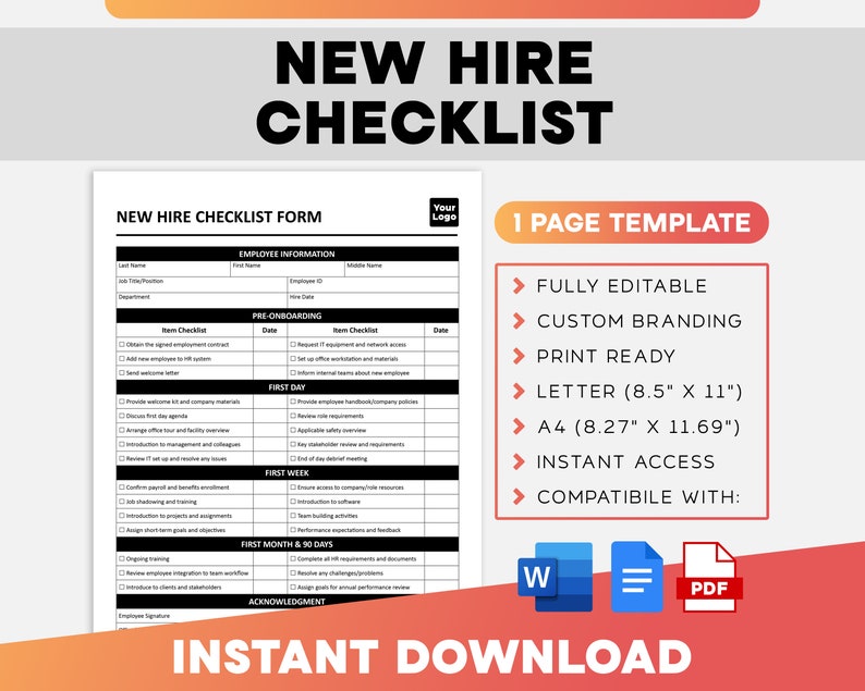 New Hire Checklist Template | HR New Employee Form | HR New Hire Form ...