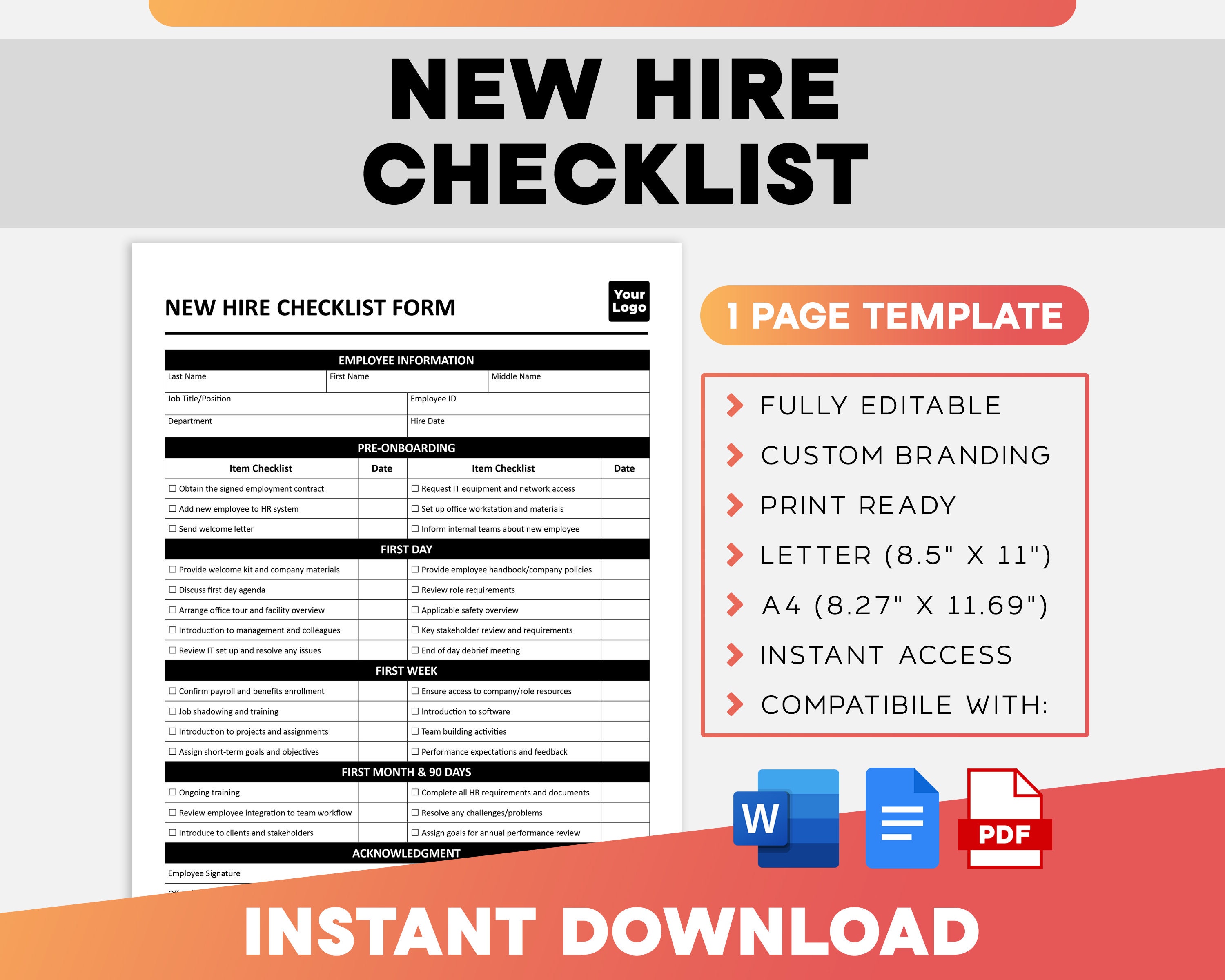 New Hire Checklist Template | HR New Employee Form | HR New Hire Form ...
