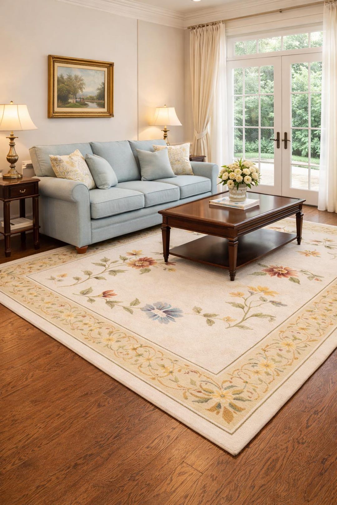 Abushan Hand Tufted Rug – Cream Floral Wool Carpet – Traditional Border ...