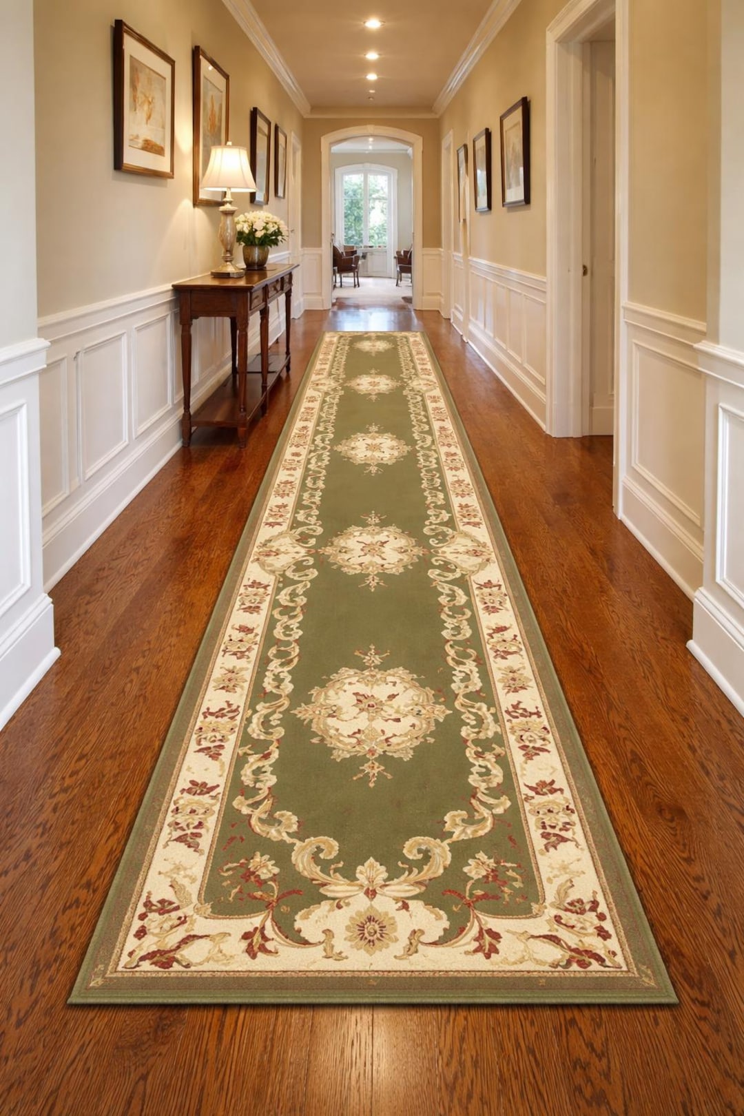 Hand Tufted Abushan Runner Rug – Green Wool Hallway Runner ...