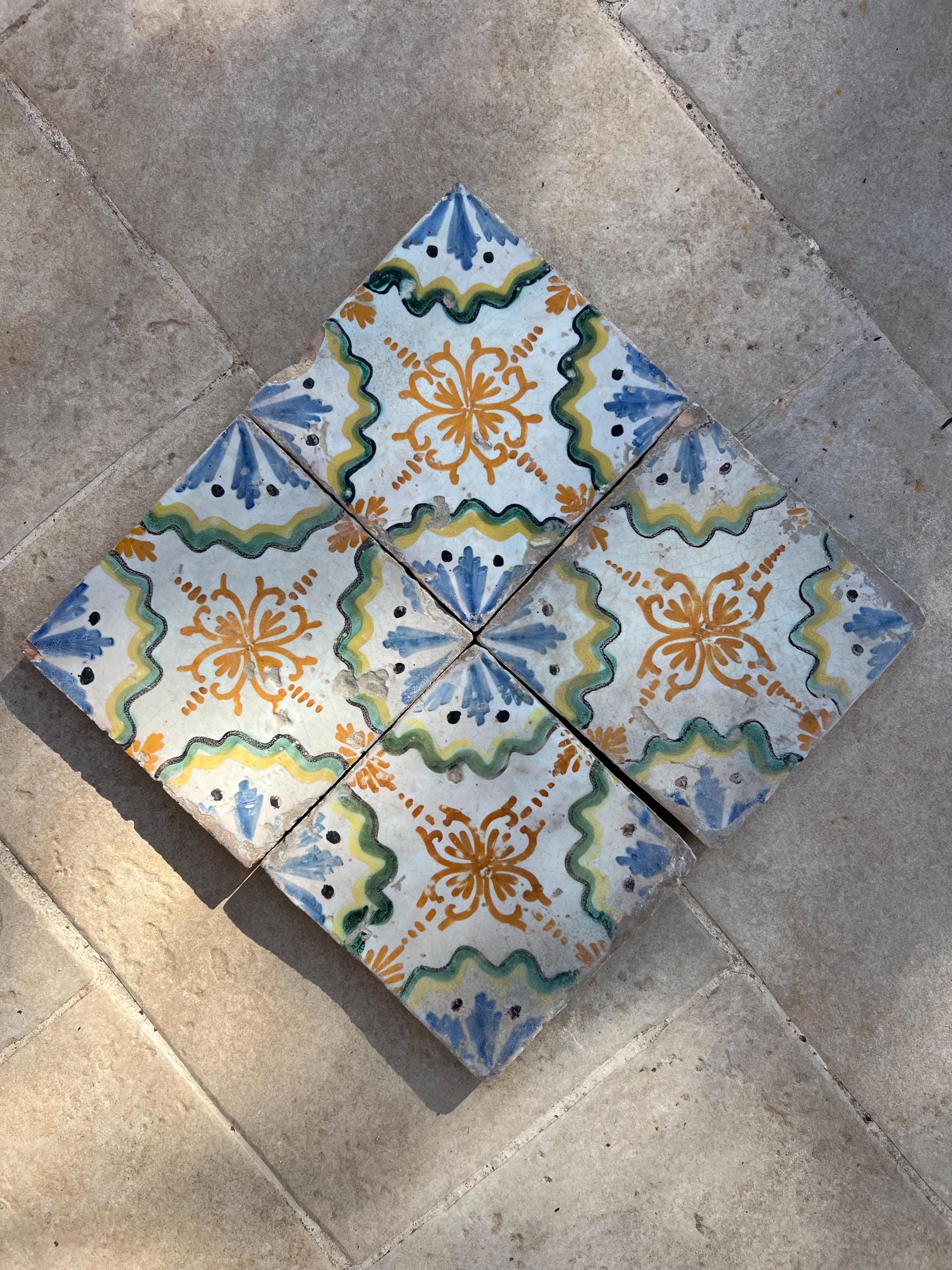 Set of 4 Antique Italian Hand-painted Floor Wall Tiles – 1870, Naples ...