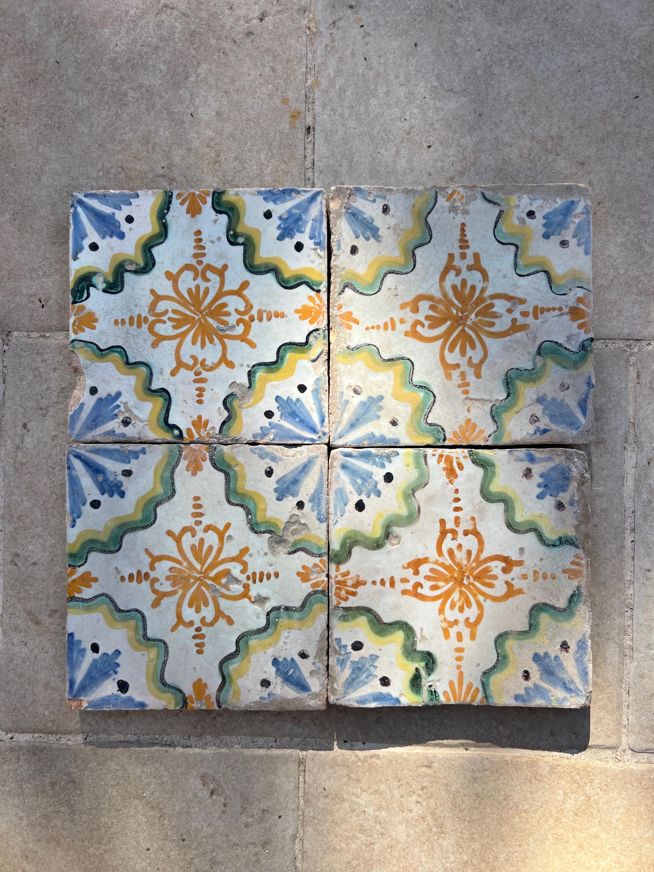 Set of 4 Antique Italian Hand-painted Floor Wall Tiles – 1870, Naples ...