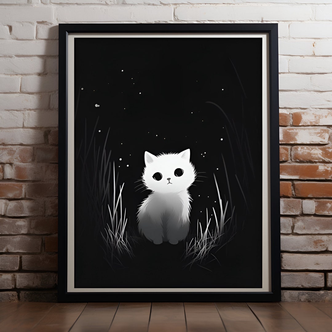 White Cat Black Night, Modern Black and White, Playful Cat Kitten ...
