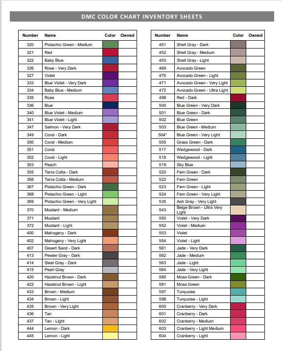 DMC Thread Color Chart Tracker Inventory Spreadsheet - Etsy