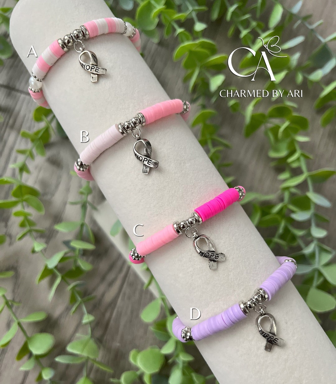 Cancer Hope Ribbon Charm Clay Bead Bracelet Breast Cancer Awareness ...