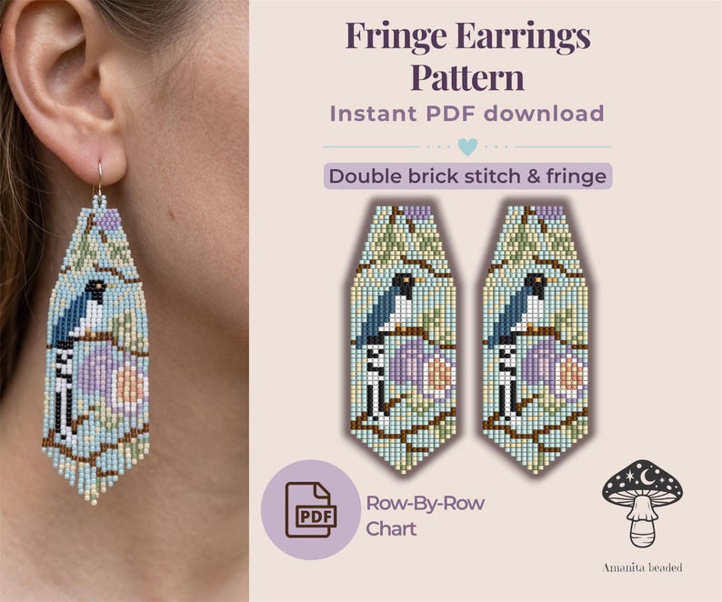 Blue Magpie Fringe Earrings Pattern, Yellow Billed Bird Beadwork (PDF ...