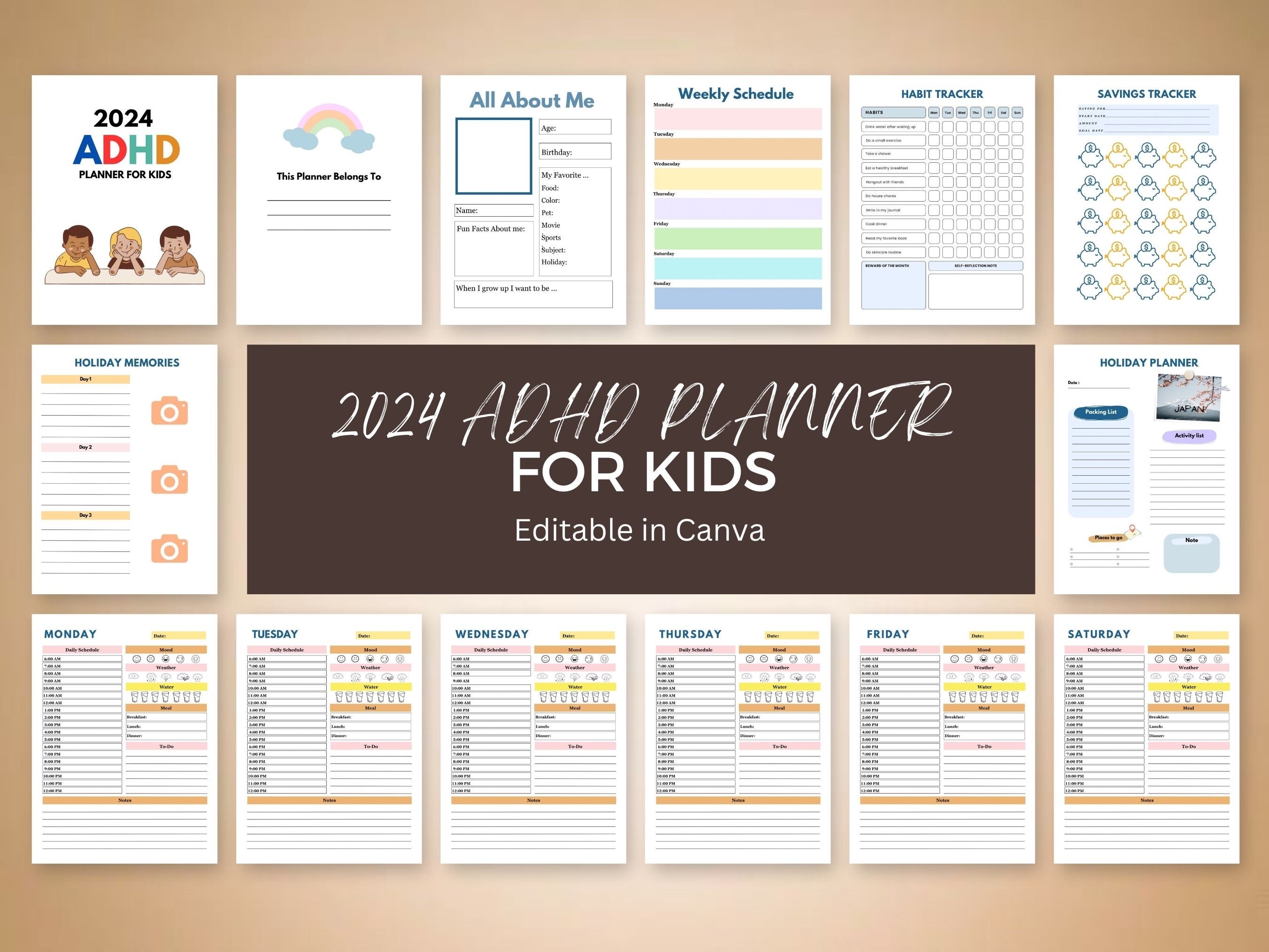 ADHD Planner for Kids, 2024 Planner, Canva Plr Templates, Day Planner ...