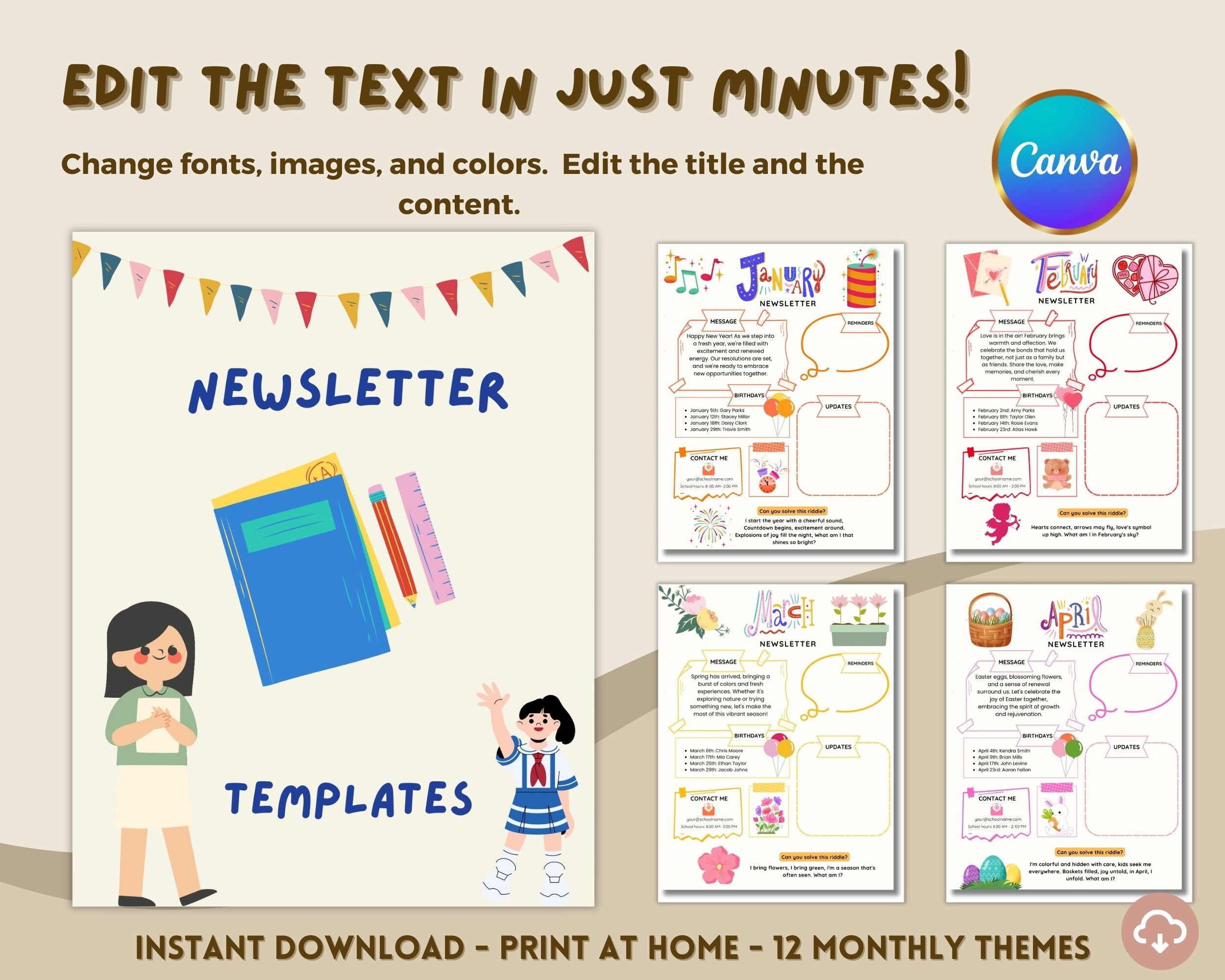 Newsletter Template, Editable Classroom Newsletter Template, Canva ...