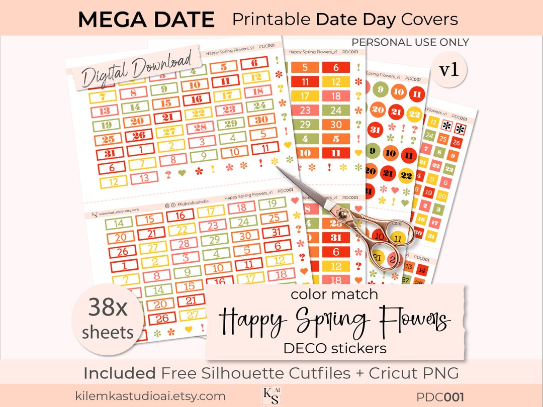 MEGA DATE Happy Spring Flowers, Printable Day Date Cover Stickers, Days ...