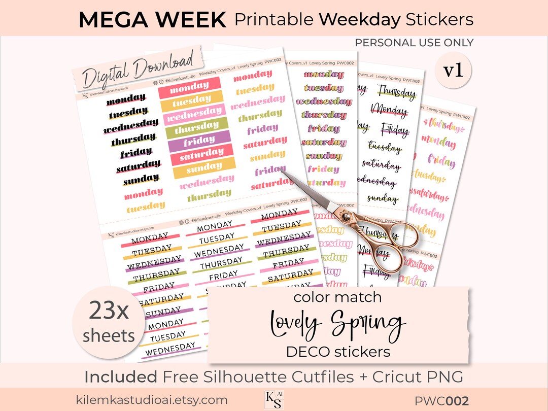 MEGA WEEK Lovely Spring Printable Weekday Stickers, Functional, Week ...