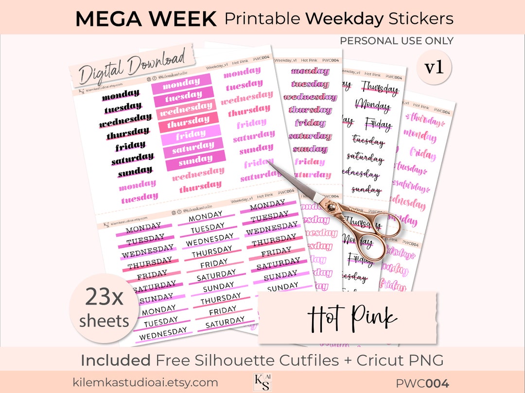 MEGA WEEK Hot Pink, Printable Weekday Cover Stickers, Functional, Week ...