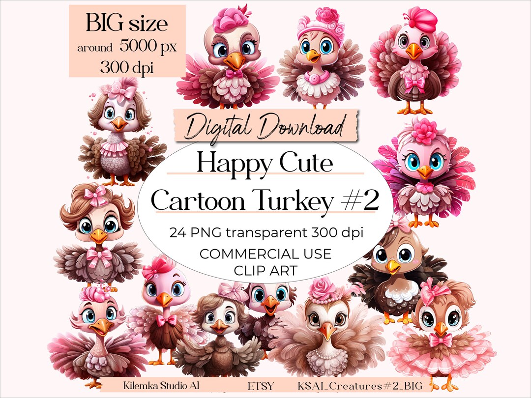 Happy Cute Cartoon Turkey #2 | Sweet Whimsical Pink Brown Rosy Brown ...